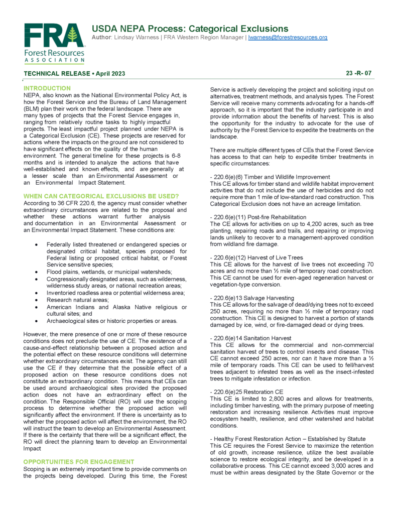 23-R-07 USDA NEPA Process: Categorical Exclusions - Forest Resources ...